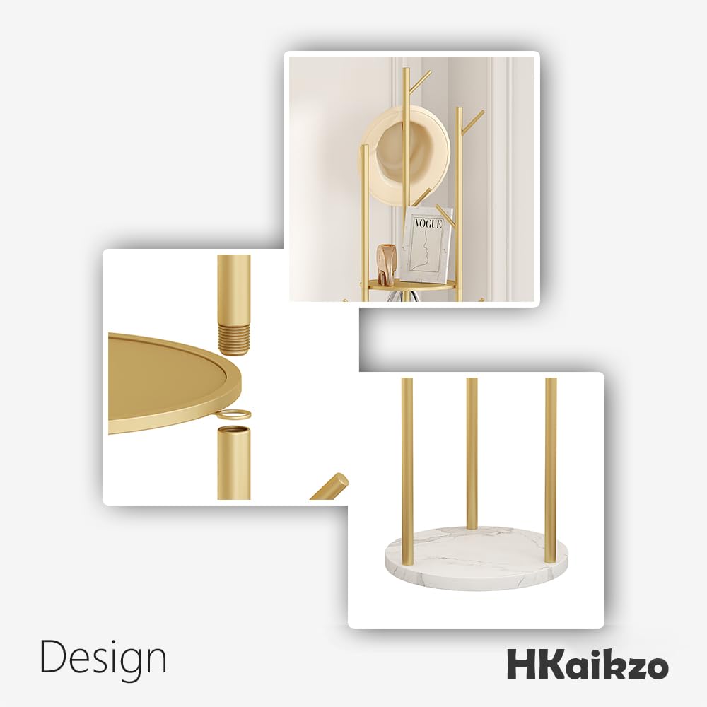 HKaikzo Gold Coat Rack Stand, Metal Coat Racks Tree Hanger Freestanding with 3 Storage Shelves and 9 High-grade Hooks and Stable Marble Base, for Jackets、Hat、Umbrella