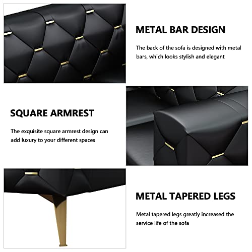 Chesterfield Sofa, 84'' Leather Upholstered 3 Seater Couch with Square Arms and Tufted Back, Mid-Century Modern Sofa with Metal Buckle and Metal Legs Decor for Living Room, Office, Bedroom