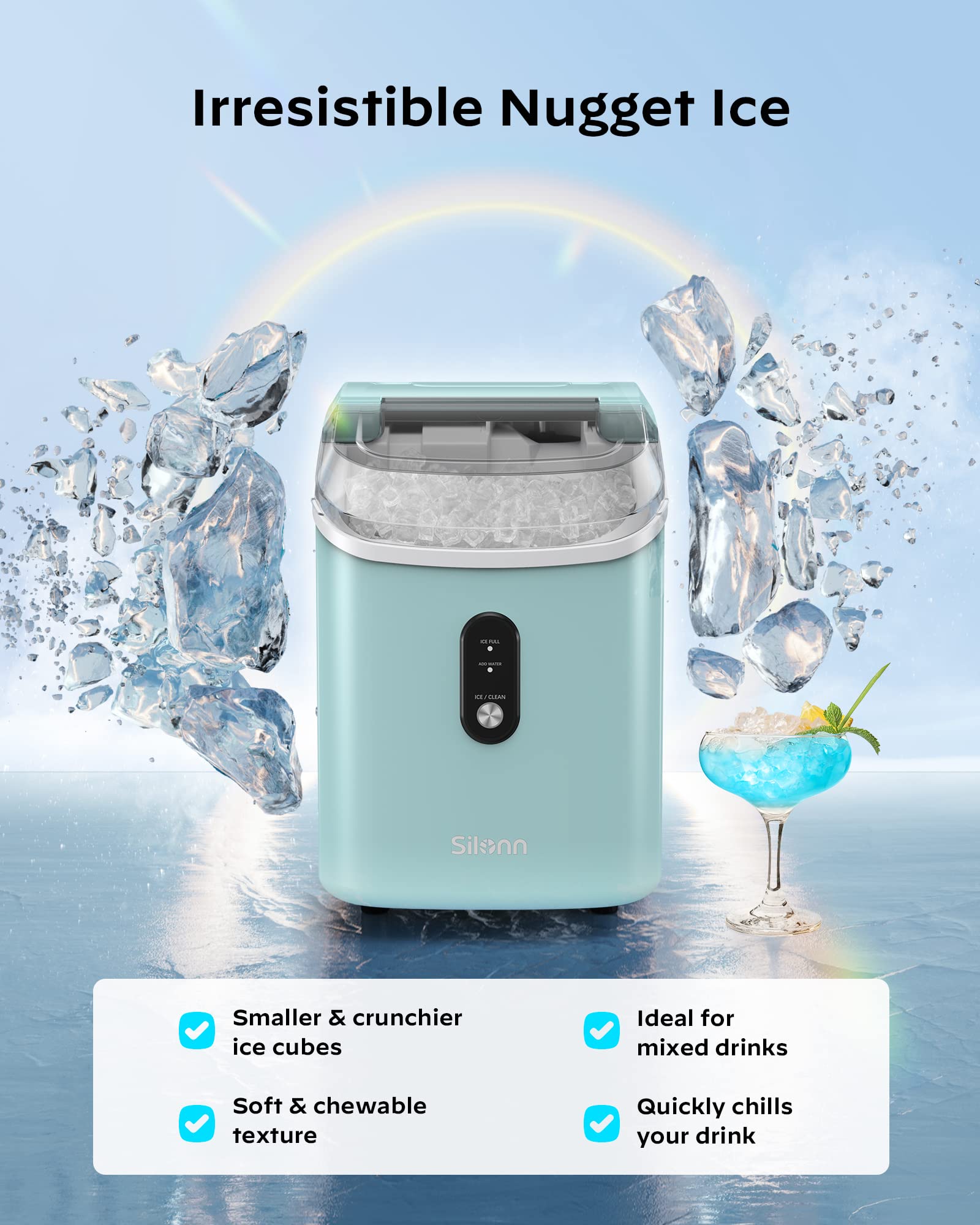 Nugget Ice Maker Countertop - Silonn Pebble Ice Maker Machine with Self-Cleaning Function, 33lbs/24H, Ice Makers for Home/Kitchen/Office, Green