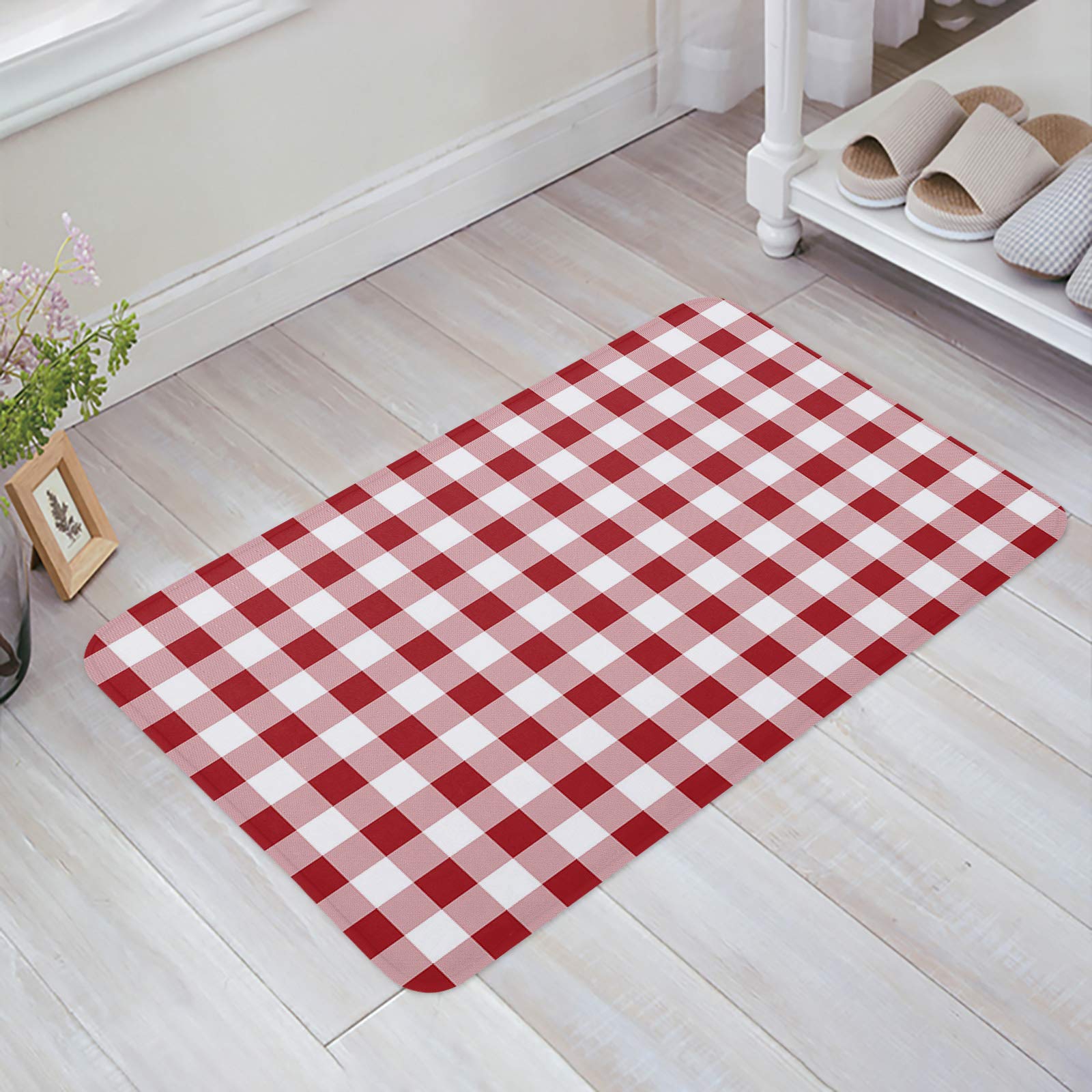 Front Door Mat Floor Mats for Home Decor, Red Plaid Memory Foam Runner Area Rug Non-Slip Absorbent Doormat Washable Rug, 18x30Inch Welcome Mats Carpet for Bedroom Decor Living Room Decor