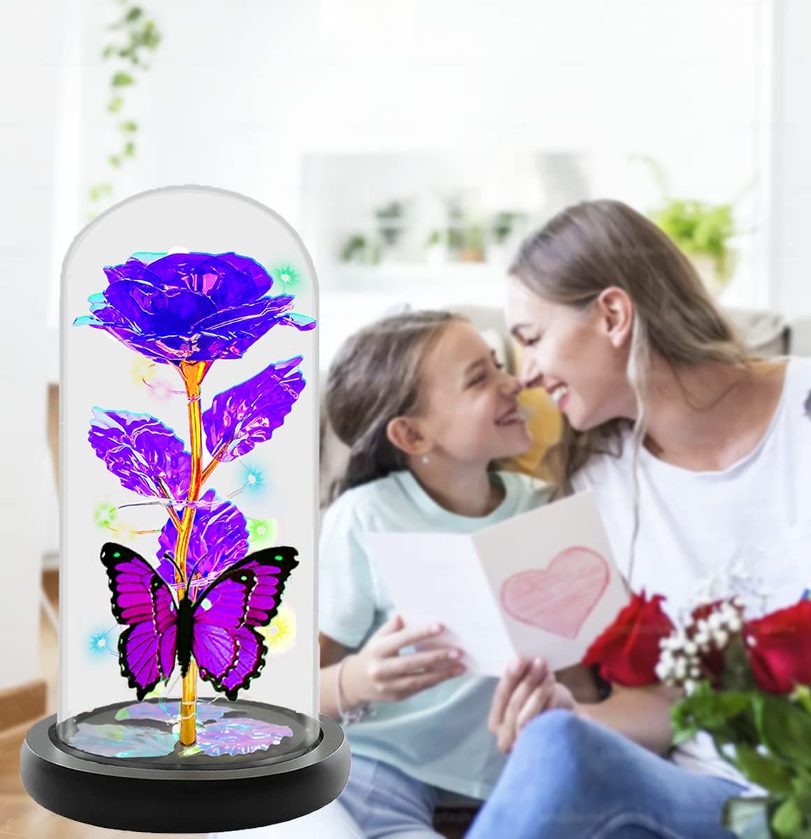 Mothers Day Flowers Gifts Mom, Rose Flower Mom Gifts Wife Grandma Her, Galaxy Crystal Light Up Rose Flowers in A Glass Dome Purple, Mother Day Presents from Daughter Butterfly Birthday Gifts for Women