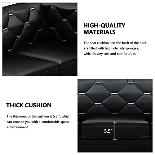 Chesterfield Sofa, 84'' Leather Upholstered 3 Seater Couch with Square Arms and Tufted Back, Mid-Century Modern Sofa with Metal Buckle and Metal Legs Decor for Living Room, Office, Bedroom