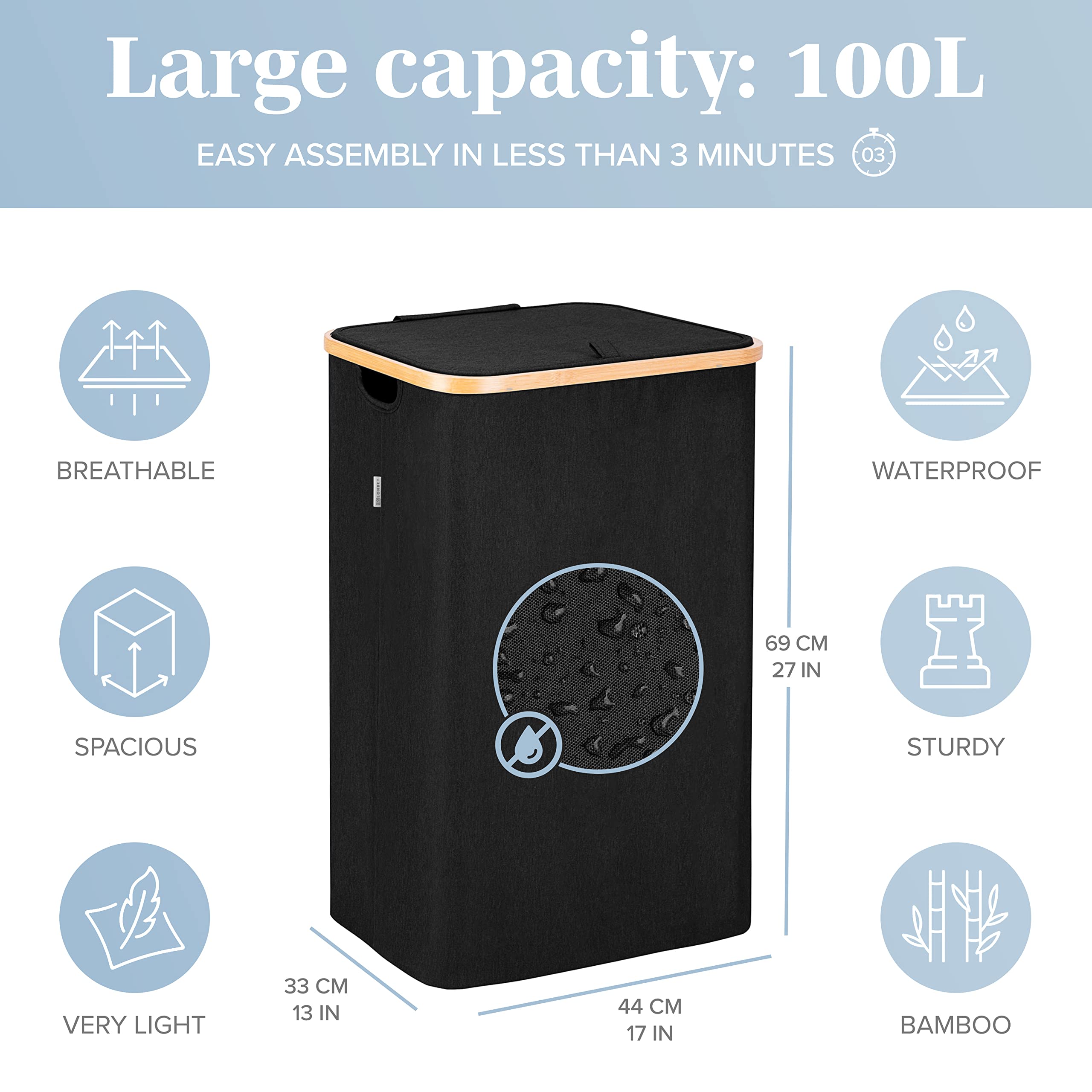 LONBET 26 Gal. Laundry Basket with Lid, Made from Breathable Fabric Aesthetic Clothes Hampers for Laundry with Side Handles & Sturdy Bamboo Frame Laundry Hamper with Lid & Removable Bag, Black