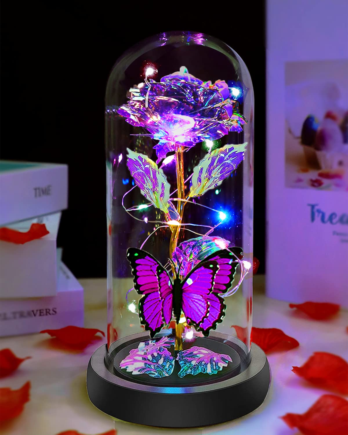 Mothers Day Flowers Gifts Mom, Rose Flower Mom Gifts Wife Grandma Her, Galaxy Crystal Light Up Rose Flowers in A Glass Dome Purple, Mother Day Presents from Daughter Butterfly Birthday Gifts for Women