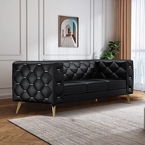 Chesterfield Sofa, 84'' Leather Upholstered 3 Seater Couch with Square Arms and Tufted Back, Mid-Century Modern Sofa with Metal Buckle and Metal Legs Decor for Living Room, Office, Bedroom