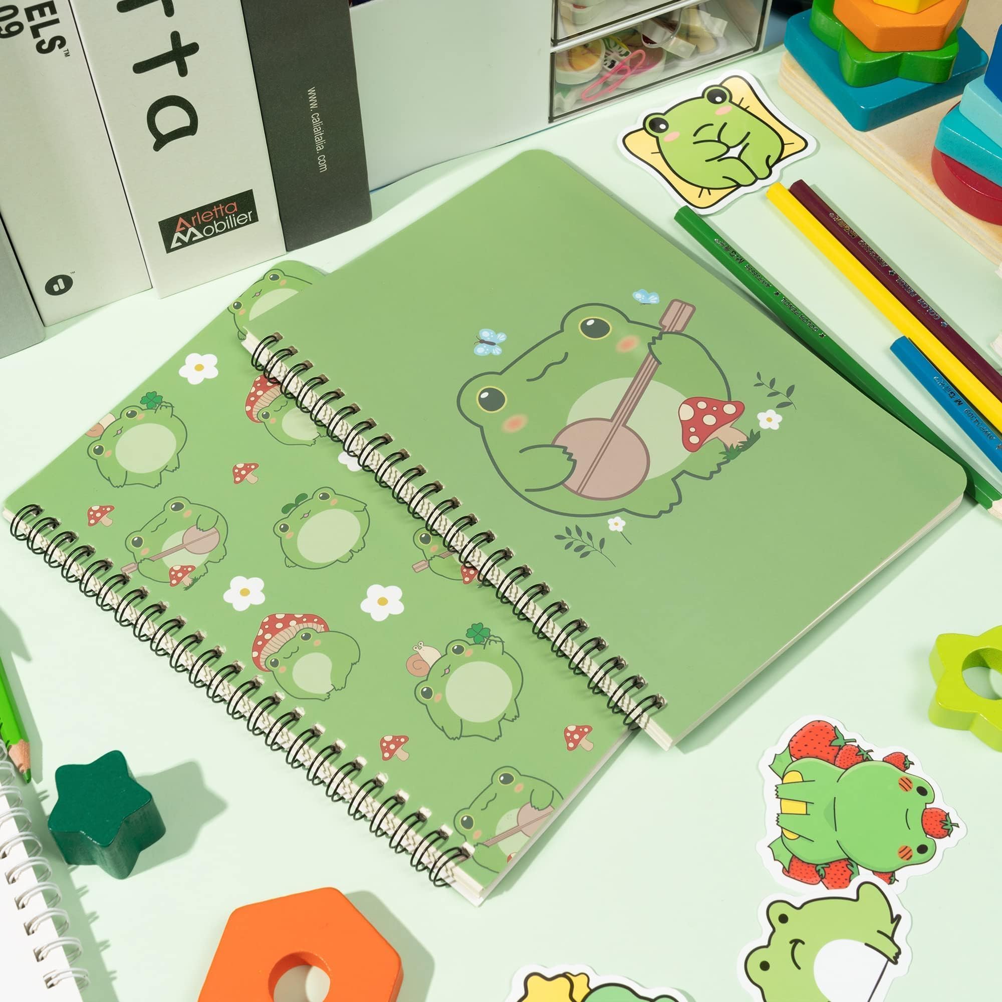 L1rabe 2 A5 Frog Spiral Notebooks Spring Back to School Cute Frog Playing Banjo Mushroom College Ruled Hardbound Notebooks, Travel Journal Diary Notepad for Kids Teens Students Easter Birthday Gifts