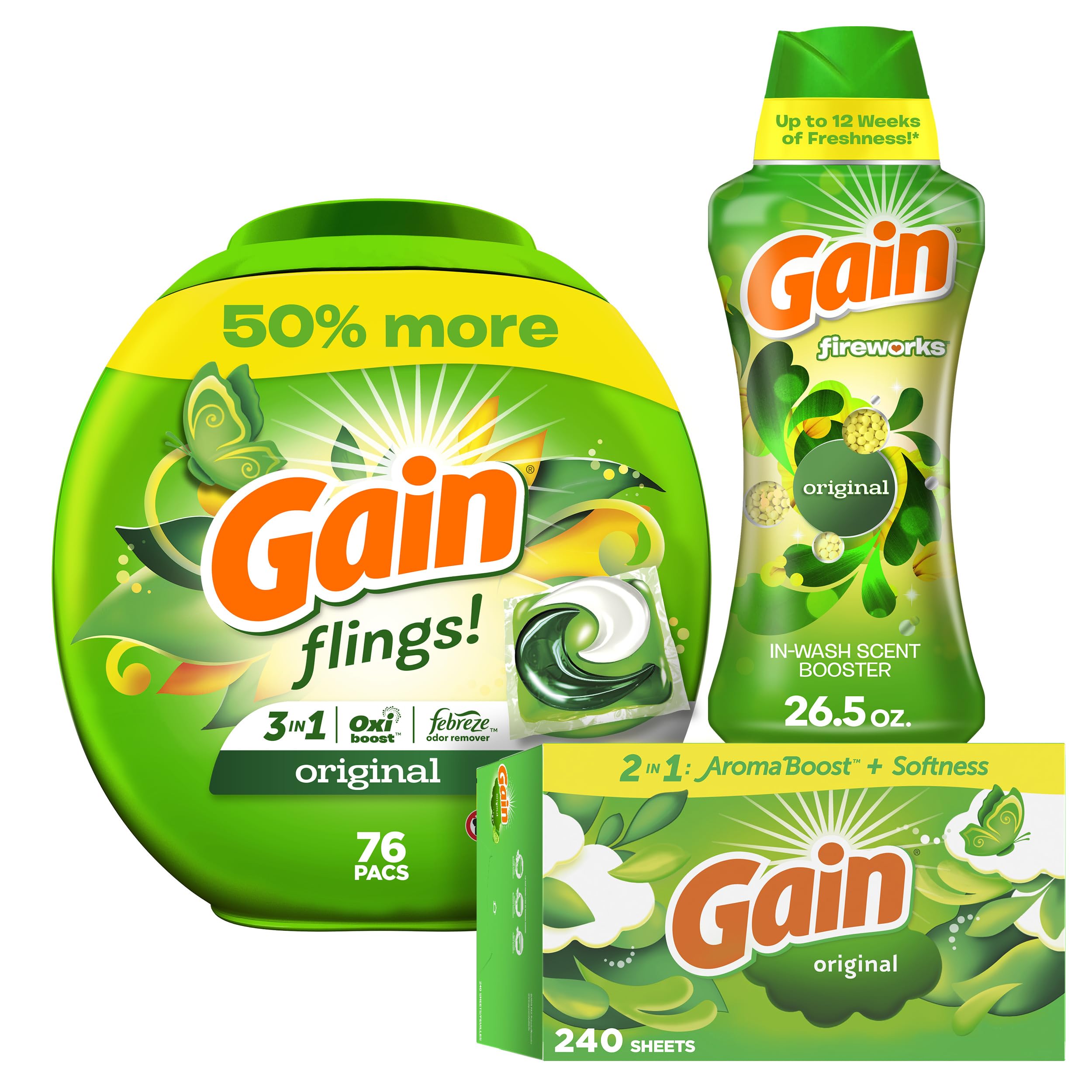 Gain flings Laundry Detergent Soap Pacs, Original Scent, 76 Count + Gain Fireworks Laundry Scent Booster Beads, Original, 26.5 oz + Gain Dryer Sheets Laundry Fabric Softener, Original Scent, 240 Count