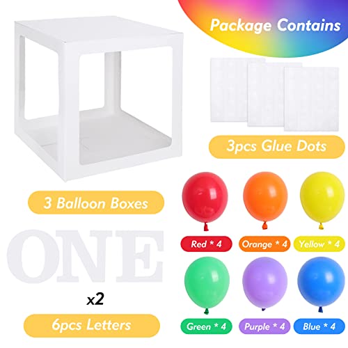 RUBFAC One Boxes for 1st Birthday, First Birthday Decorations for Boy Girls, 3pcs Baby Shower Boxes with 24pcs Balloons ‘ONE’ ‘TWO’ Letters for Birthday Backdrop, Cake Smash Photo Props