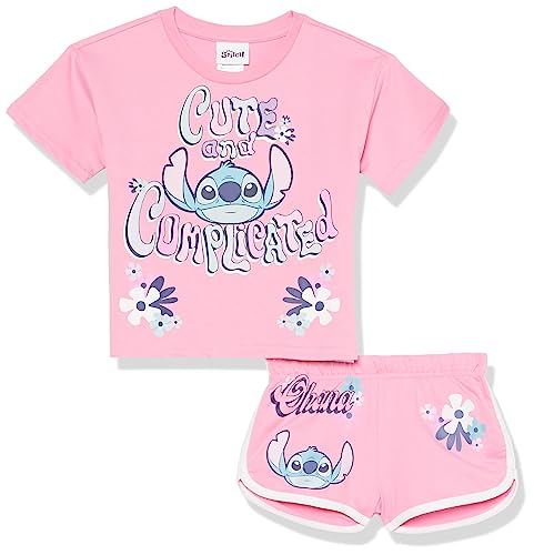 Disney Girls Lilo Stitch French Terry - 4-16 Tee & Short Set, Pink, 10-12 US