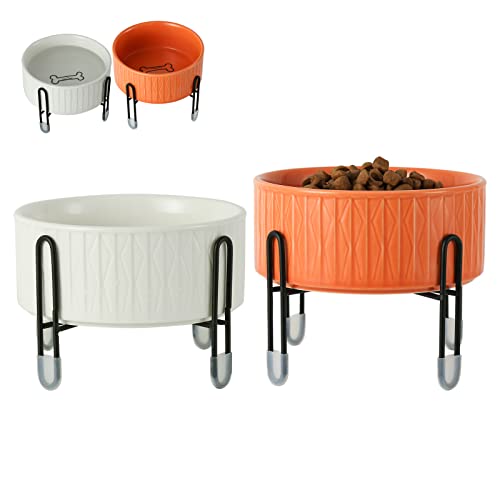 OMAYKEY 32 OZ Ceramic Elevated Dog Bowls with Metal Stand, Raised Cat Bowl Set for Food and Water, Pet Feeder Bowl Dish for Cats & Dogs, Non-Slip, Dishwasher Safe, White & Orange