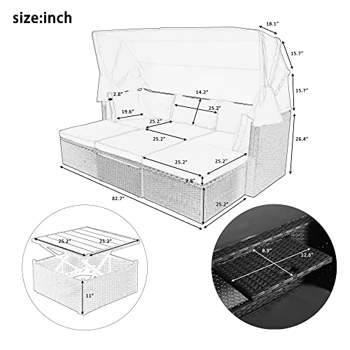 Merax 4 Pieces Outdoor Patio Rattan Daybed with Retractable Canopy, UV-Proof Resin Wicker Patio Sofa Set with Washable Beige Cushions and Lifting Table