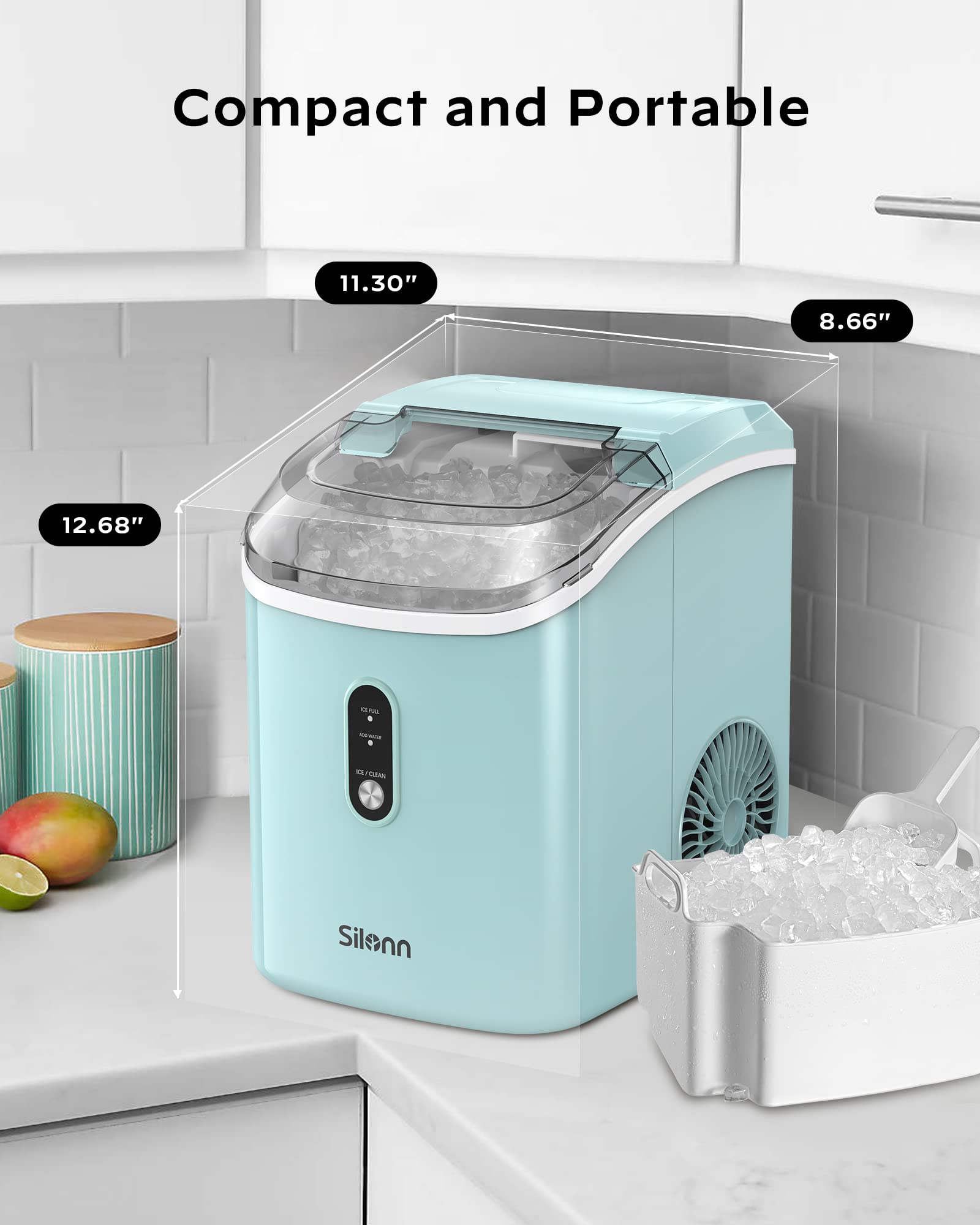 Nugget Ice Maker Countertop - Silonn Pebble Ice Maker Machine with Self-Cleaning Function, 33lbs/24H, Ice Makers for Home/Kitchen/Office, Green