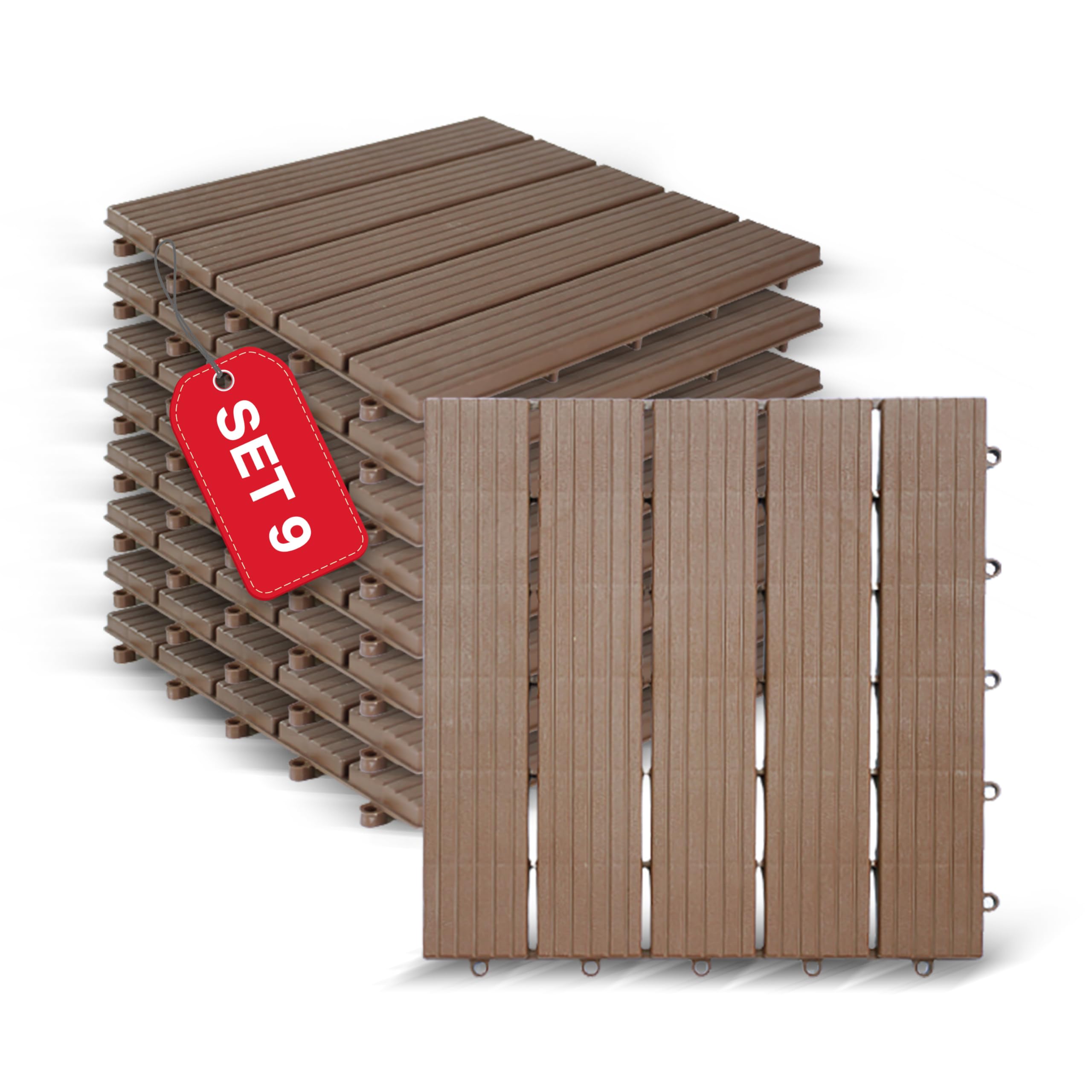 CLOVERHOLM Pack of 9 Composite Deck Tiles, Interlocking Patio Tiles, Decking Tiles Outdoor Waterproof All Weather, Outdoor Shower, Balcony Floor, Porch Flooring, Poolside Walkway (12 Inch, Brown)