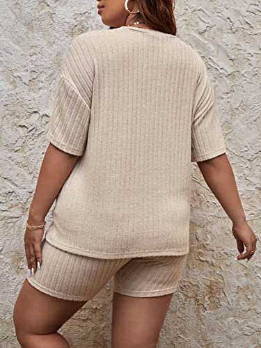 MakeMeChic Women's Plus Size Pajama Set Lounge Set Short Sleeve Tops Biker Shorts Workout Sets Tracksuit Plus Khaki 0XL