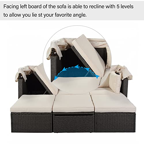 Merax 4 Pieces Outdoor Patio Rattan Daybed with Retractable Canopy, UV-Proof Resin Wicker Patio Sofa Set with Washable Beige Cushions and Lifting Table