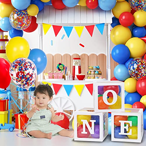 RUBFAC One Boxes for 1st Birthday, First Birthday Decorations for Boy Girls, 3pcs Baby Shower Boxes with 24pcs Balloons ‘ONE’ ‘TWO’ Letters for Birthday Backdrop, Cake Smash Photo Props