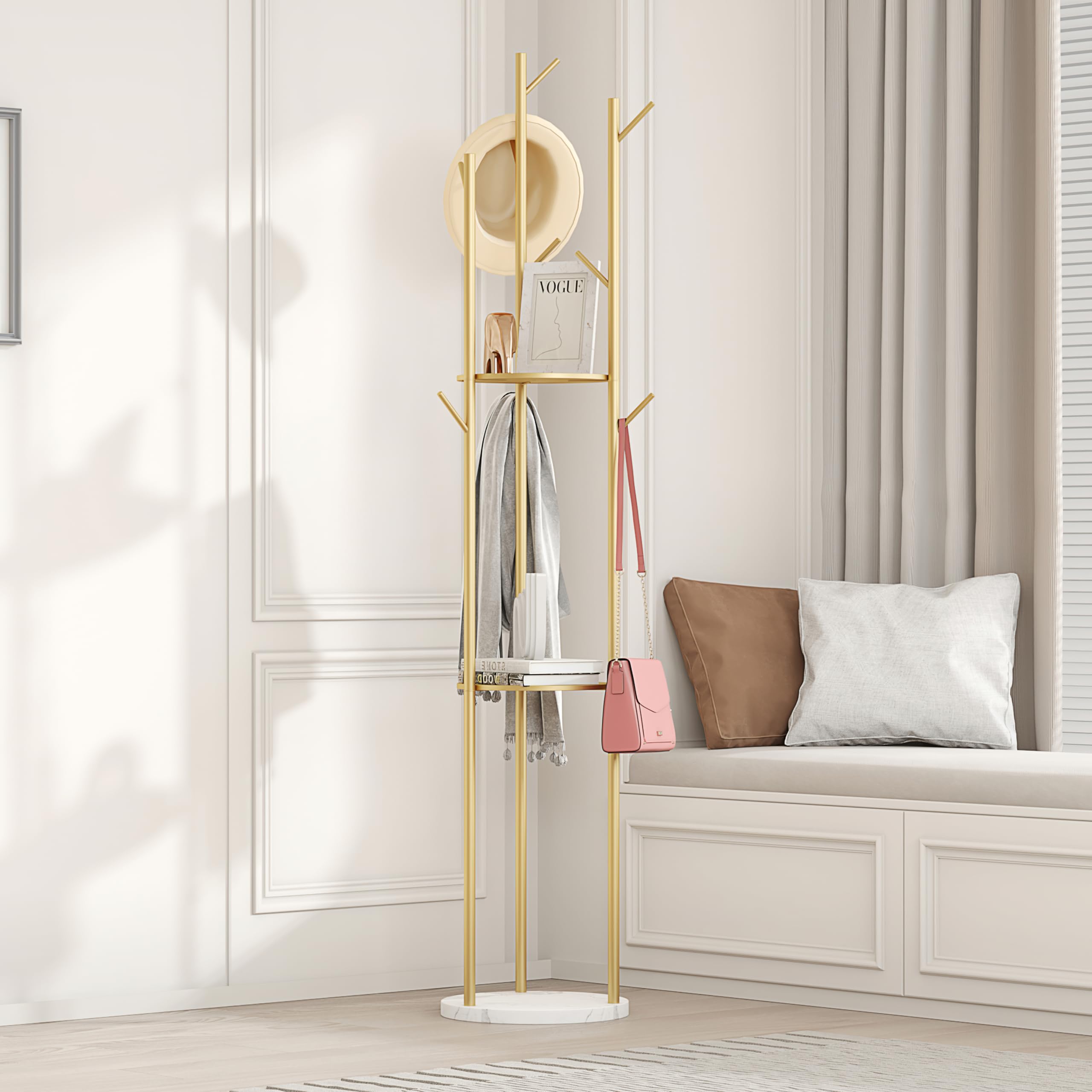 HKaikzo Gold Coat Rack Stand, Metal Coat Racks Tree Hanger Freestanding with 3 Storage Shelves and 9 High-grade Hooks and Stable Marble Base, for Jackets、Hat、Umbrella