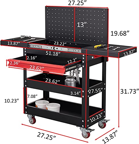 WIILAYOK Tool Cart, 3 Tier Rolling Tool Cart on Wheels with Storage Drawers & Sliding Top, Removable Pegboard, Industrial Service Utility Tool Cart for Mechanics, Garage, Workshop