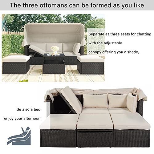 Merax 4 Pieces Outdoor Patio Rattan Daybed with Retractable Canopy, UV-Proof Resin Wicker Patio Sofa Set with Washable Beige Cushions and Lifting Table