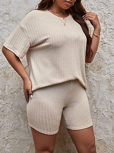 MakeMeChic Women's Plus Size Pajama Set Lounge Set Short Sleeve Tops Biker Shorts Workout Sets Tracksuit Plus Khaki 0XL