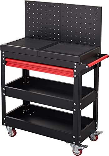 WIILAYOK Tool Cart, 3 Tier Rolling Tool Cart on Wheels with Storage Drawers & Sliding Top, Removable Pegboard, Industrial Service Utility Tool Cart for Mechanics, Garage, Workshop