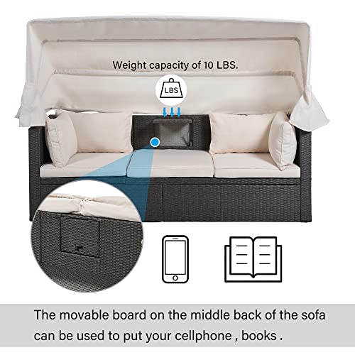 Merax 4 Pieces Outdoor Patio Rattan Daybed with Retractable Canopy, UV-Proof Resin Wicker Patio Sofa Set with Washable Beige Cushions and Lifting Table