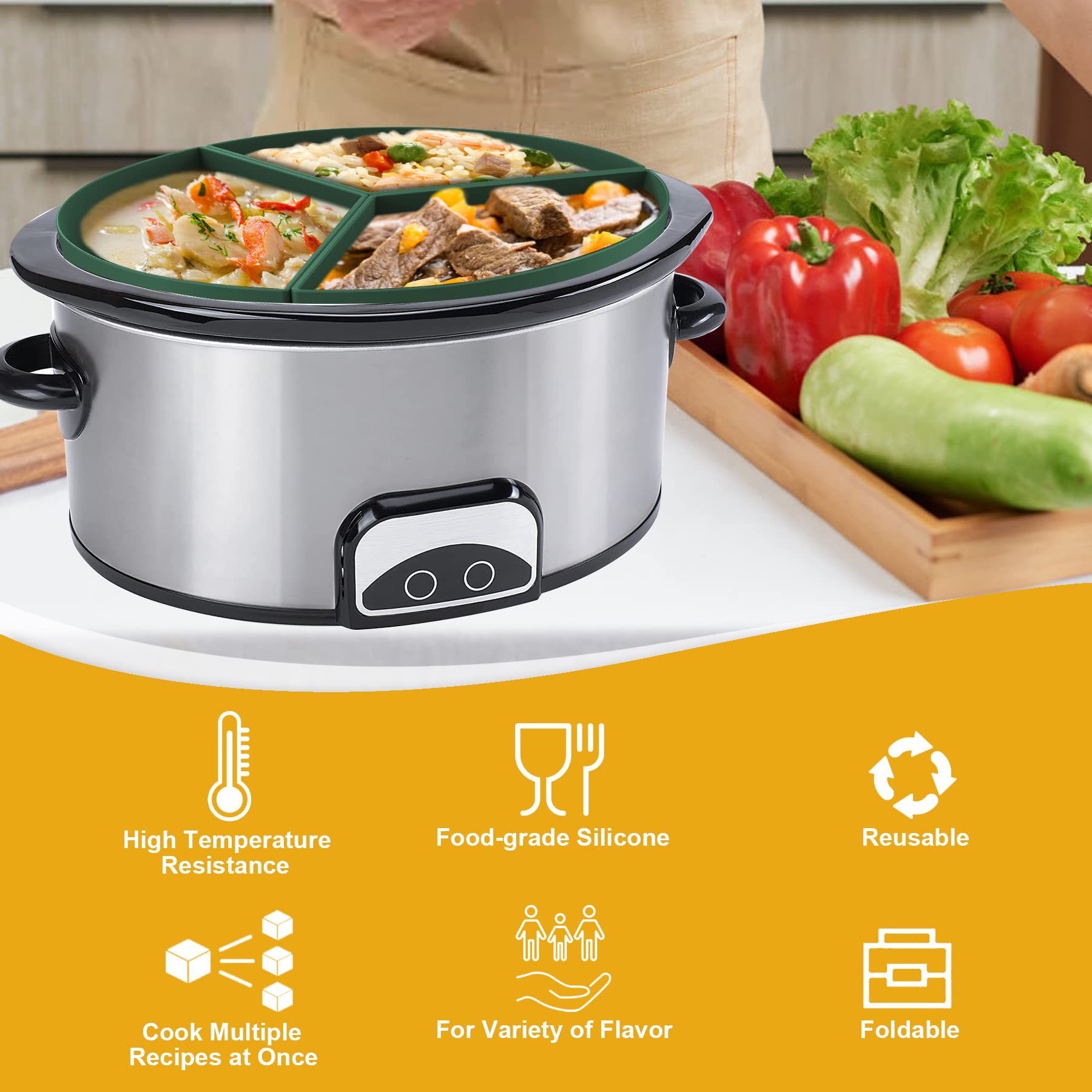 Slow Cooker Liners - Crock Pot Liners Silicone Insert Divider 3 IN 1, For 6 Quart Oval Slow Cookers, Reusable Silicone Slow Cooker Liner For Crock Pot Divider Insert, Dishwasher Safe BPA Free,6QT