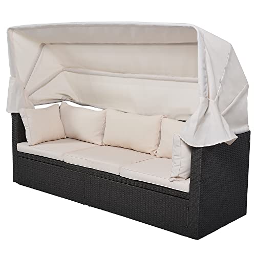 Merax 4 Pieces Outdoor Patio Rattan Daybed with Retractable Canopy, UV-Proof Resin Wicker Patio Sofa Set with Washable Beige Cushions and Lifting Table
