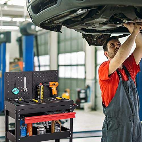WIILAYOK Tool Cart, 3 Tier Rolling Tool Cart on Wheels with Storage Drawers & Sliding Top, Removable Pegboard, Industrial Service Utility Tool Cart for Mechanics, Garage, Workshop