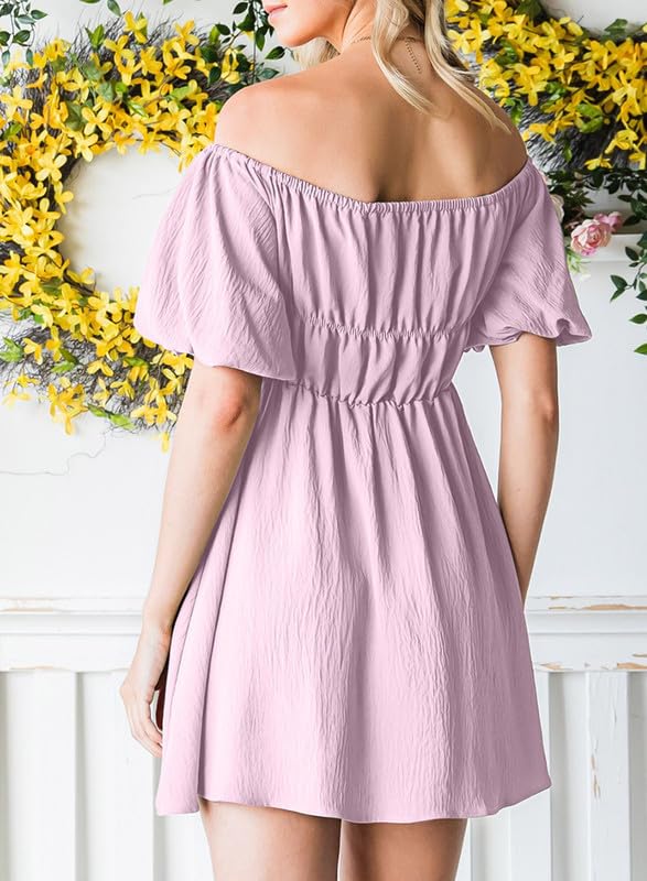 Dokotoo Womens Square Neck Summer Dresses Lantern Sleeve Ruffle A-Line Purple Dresses for Women Elastic Waist Casual Mini Beach Dresses Small