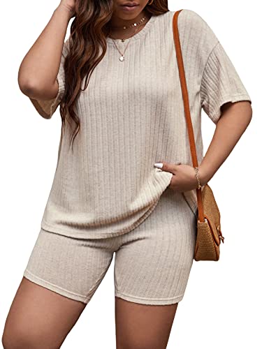 MakeMeChic Women's Plus Size Pajama Set Lounge Set Short Sleeve Tops Biker Shorts Workout Sets Tracksuit Plus Khaki 0XL