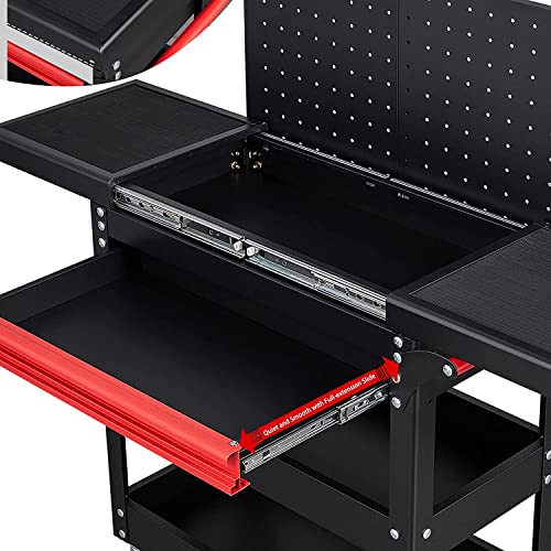 WIILAYOK Tool Cart, 3 Tier Rolling Tool Cart on Wheels with Storage Drawers & Sliding Top, Removable Pegboard, Industrial Service Utility Tool Cart for Mechanics, Garage, Workshop