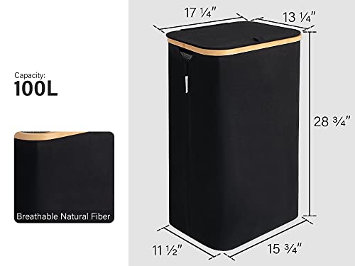 StorageWorks Large Laundry Hamper with Lid, 100L Tall Laundry Basket with Bamboo Handles and 2 Removable Inner Bag, Collapsible Laundry Hamper for Clothing, Toys, Towels, Black, 1-Pack