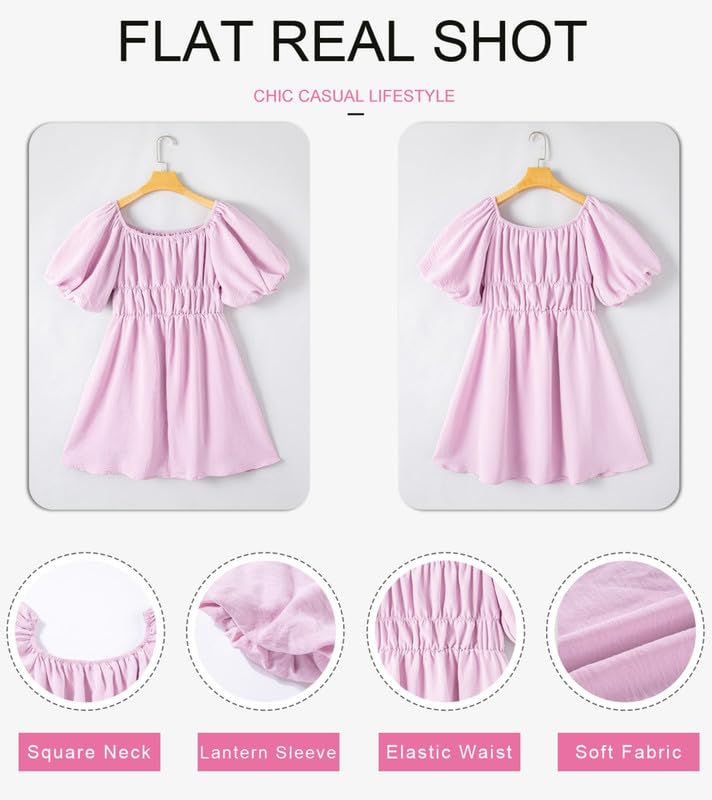 Dokotoo Womens Square Neck Summer Dresses Lantern Sleeve Ruffle A-Line Purple Dresses for Women Elastic Waist Casual Mini Beach Dresses Small