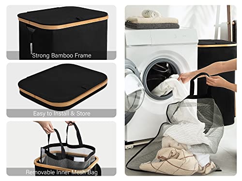 StorageWorks Large Laundry Hamper with Lid, 100L Tall Laundry Basket with Bamboo Handles and 2 Removable Inner Bag, Collapsible Laundry Hamper for Clothing, Toys, Towels, Black, 1-Pack