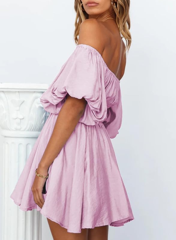 Dokotoo Womens Square Neck Summer Dresses Lantern Sleeve Ruffle A-Line Purple Dresses for Women Elastic Waist Casual Mini Beach Dresses Small