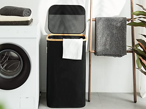 StorageWorks Large Laundry Hamper with Lid, 100L Tall Laundry Basket with Bamboo Handles and 2 Removable Inner Bag, Collapsible Laundry Hamper for Clothing, Toys, Towels, Black, 1-Pack