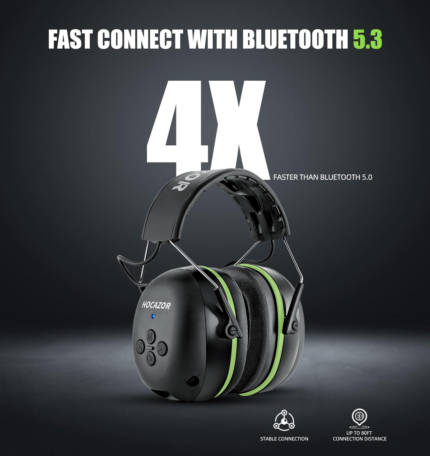 Hocazor HZ07 Upgrade Bluetooth 5.3 Hearing Protection Built-in 1500 mAh Rechargeable Battery 40 Hours+ Playing Time Noise Cancelling 25dB NRR Earmuffs NRR 25dB for Mowing Workshops, Green