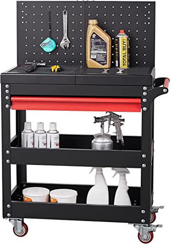 WIILAYOK Tool Cart, 3 Tier Rolling Tool Cart on Wheels with Storage Drawers & Sliding Top, Removable Pegboard, Industrial Service Utility Tool Cart for Mechanics, Garage, Workshop