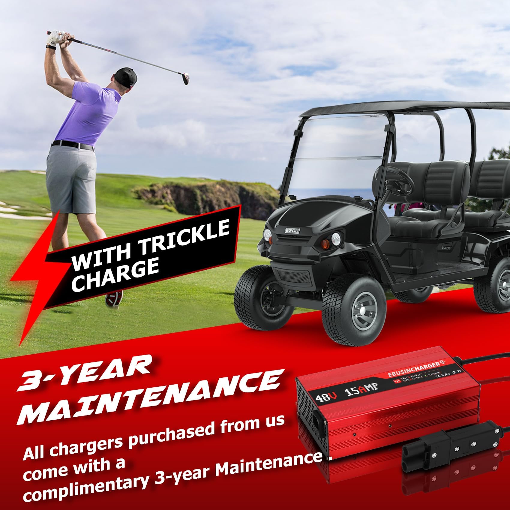 48 Volt Golf Cart Battery Charger Compatible with Yamaha G19-22 Models-with 2-pin 2round-Hole Plug.15 Amp Smart Charger with Trickle Charge, 6-8 Hours Full Charge.
