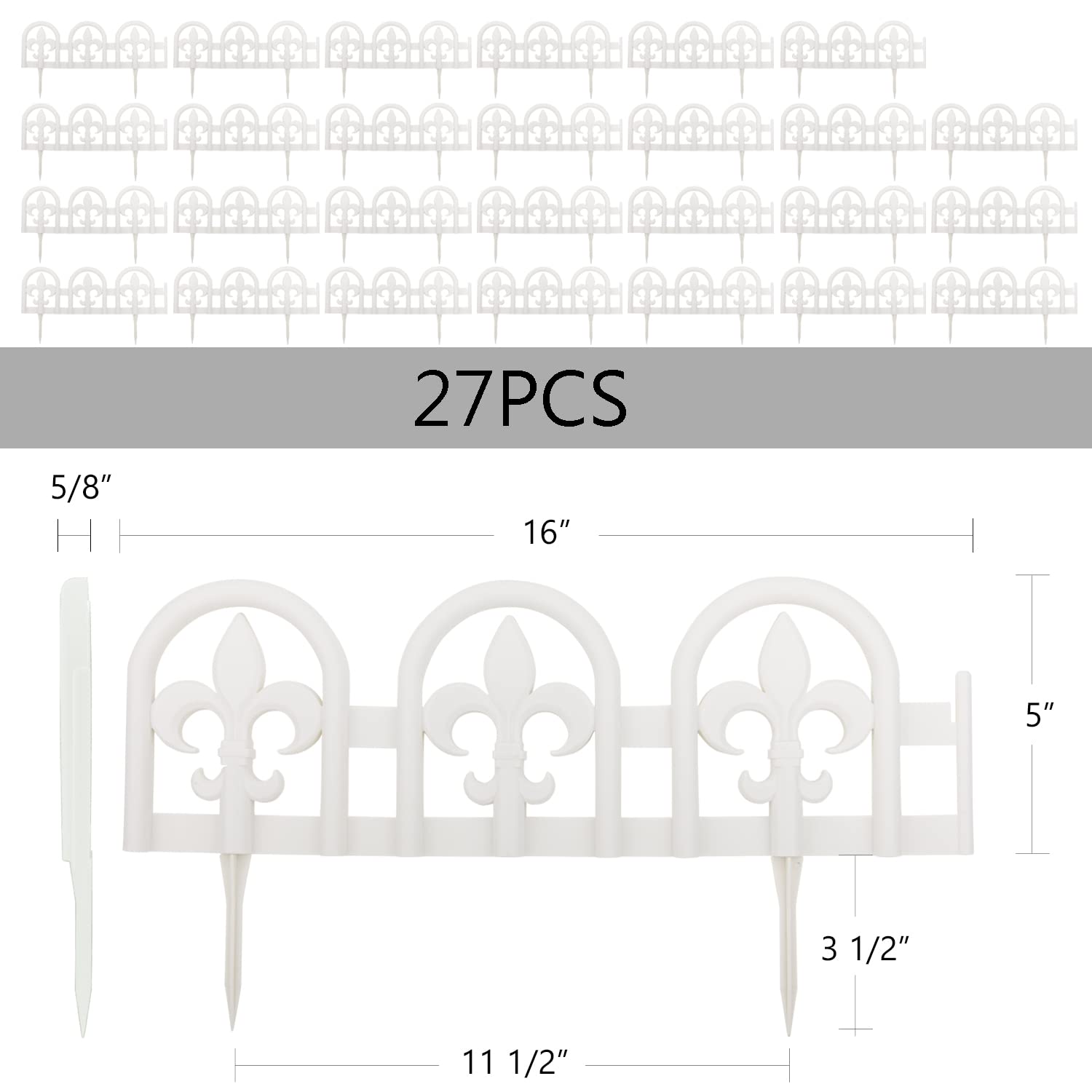 Evelyne White Garden Border Edging: Wrought Iron Design - 27pcs White Yard Landscaping Fence Liner Lawn Edge Barrier - 35ft Kit of Decorative Lawn Landscape Panels Elements