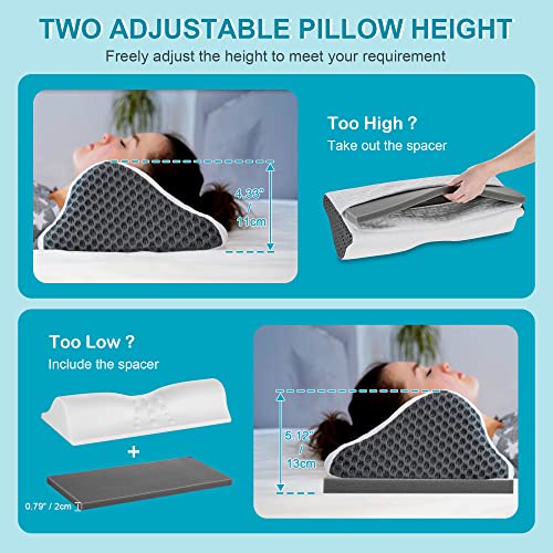 Elviros Cervical Neck Pillow, Adjustable Bolster Pillow, 2 in 1 Contour Memory Foam Pillows for Neck Pain Relief Sleeping, Orthopedic Roll Pillows for Side, Back Sleepers (White)