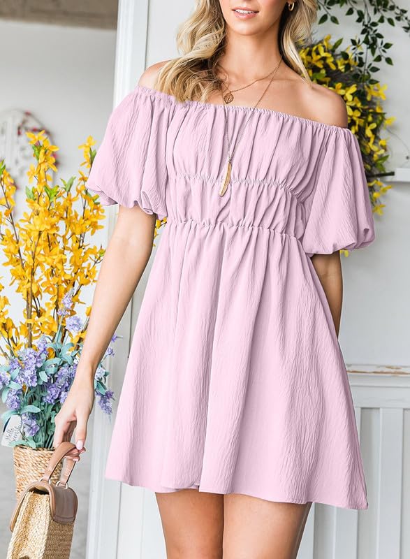 Dokotoo Womens Square Neck Summer Dresses Lantern Sleeve Ruffle A-Line Purple Dresses for Women Elastic Waist Casual Mini Beach Dresses Small