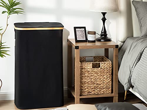 StorageWorks Large Laundry Hamper with Lid, 100L Tall Laundry Basket with Bamboo Handles and 2 Removable Inner Bag, Collapsible Laundry Hamper for Clothing, Toys, Towels, Black, 1-Pack