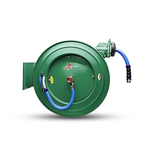 RMX BluSeal Auto Retractable Water Hose Reel with Hot & Cold Water Rubber Garden Hose, Spray Nozzle - Ultra Light, Super Strong with 6' Lead-in Hose (3/4β x 50β Green)