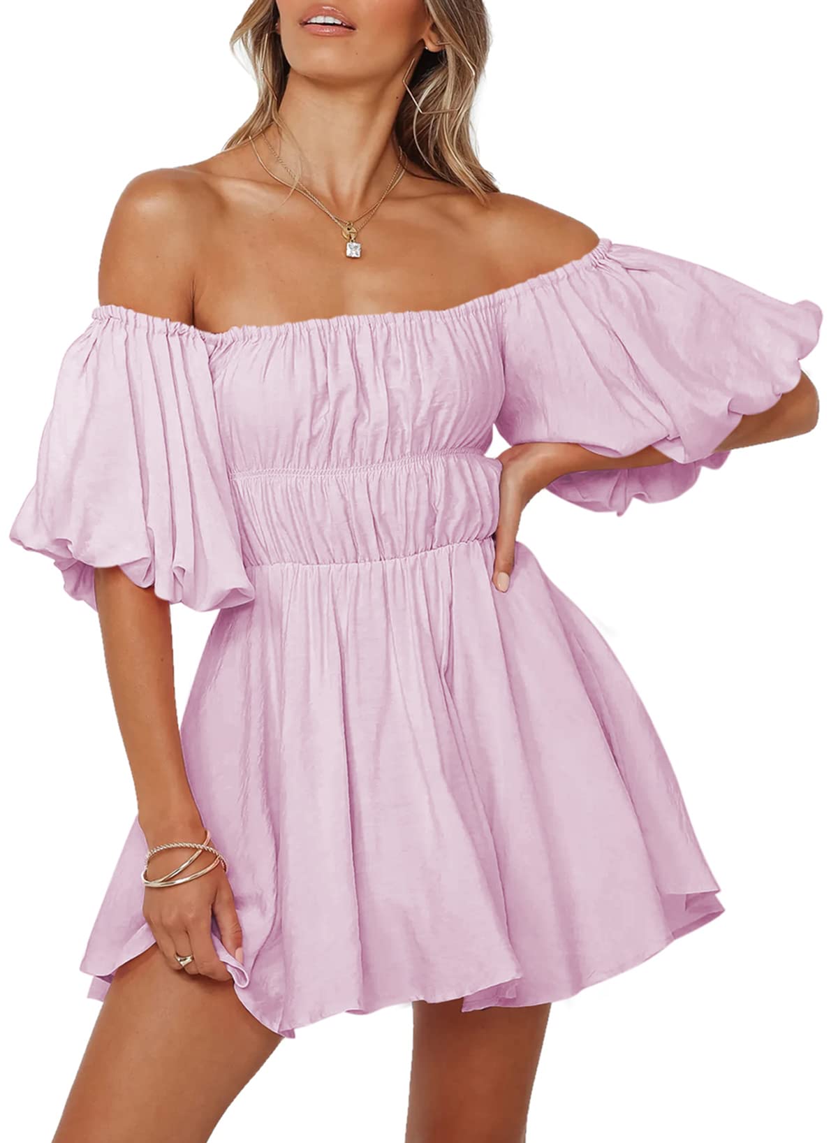 Dokotoo Womens Square Neck Summer Dresses Lantern Sleeve Ruffle A-Line Purple Dresses for Women Elastic Waist Casual Mini Beach Dresses Small