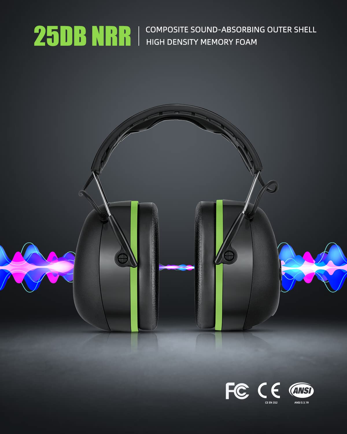 Hocazor HZ07 Upgrade Bluetooth 5.3 Hearing Protection Built-in 1500 mAh Rechargeable Battery 40 Hours+ Playing Time Noise Cancelling 25dB NRR Earmuffs NRR 25dB for Mowing Workshops, Green