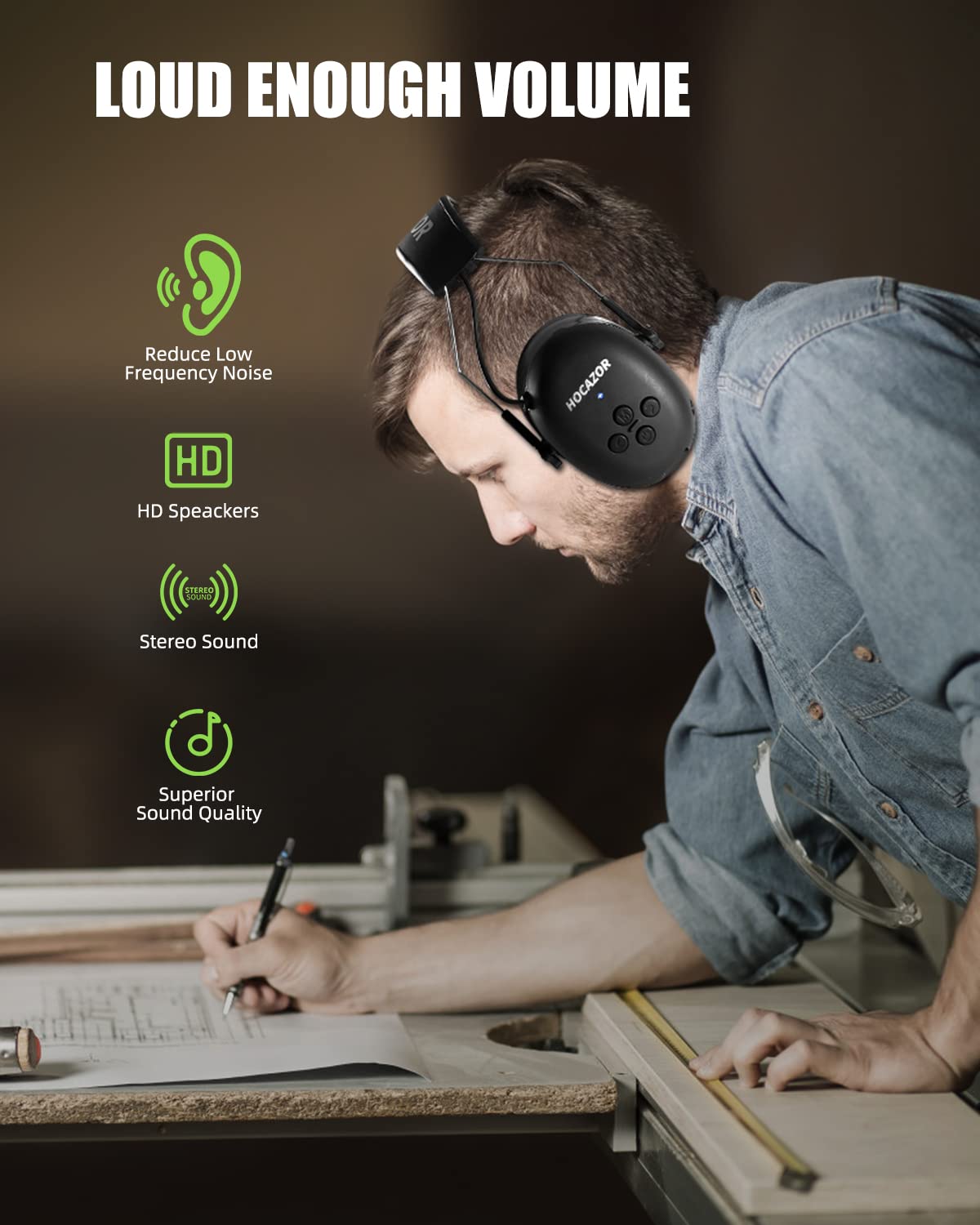 Hocazor HZ07 Upgrade Bluetooth 5.3 Hearing Protection Built-in 1500 mAh Rechargeable Battery 40 Hours+ Playing Time Noise Cancelling 25dB NRR Earmuffs NRR 25dB for Mowing Workshops, Green