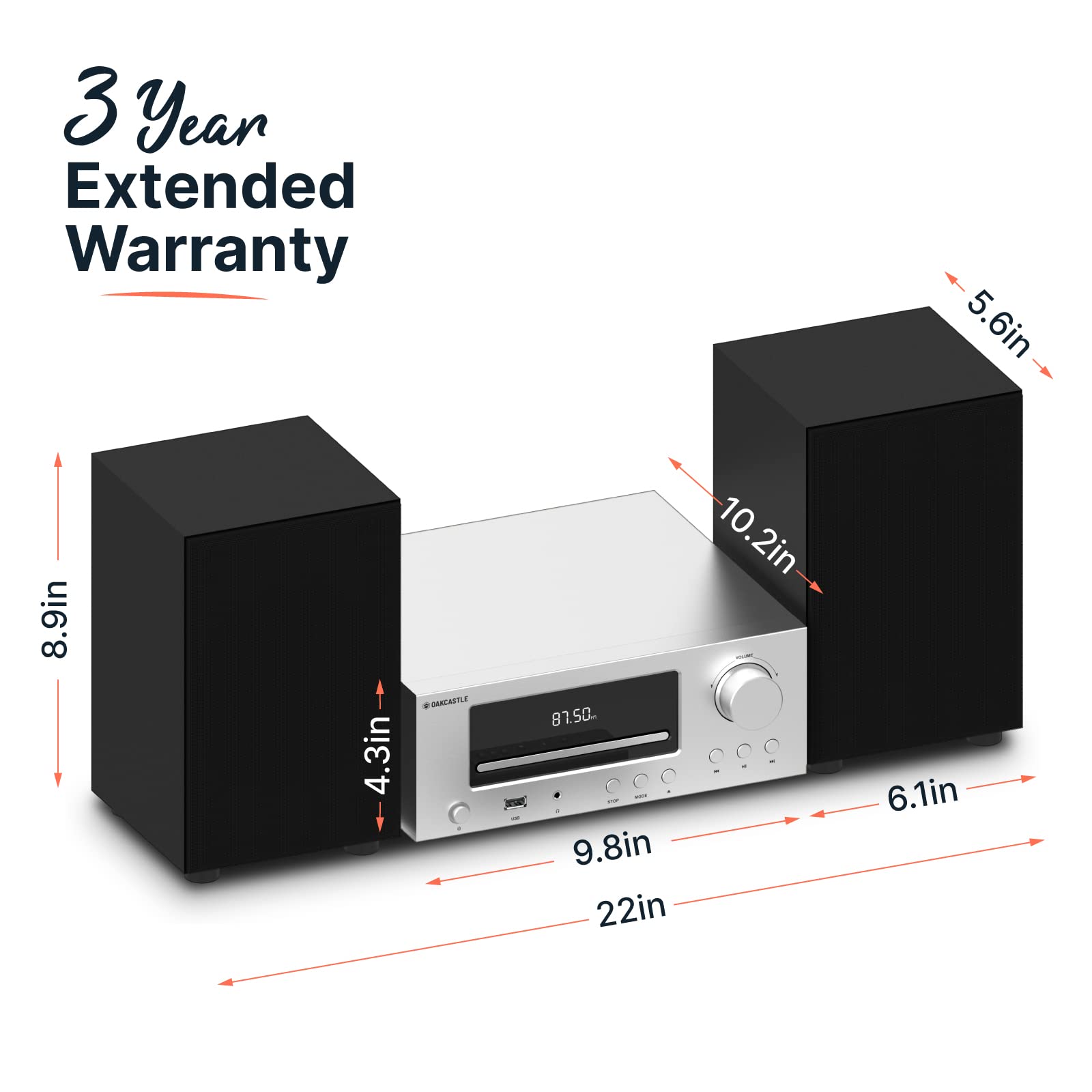 100W Bluetooth Stereo Shelf System, CD Player, FM Radio, Backlit LCD Display, USB, AUX, Compact Bookshelf Hi-Fi System for Home Entertainment | Oakcastle HiFi300