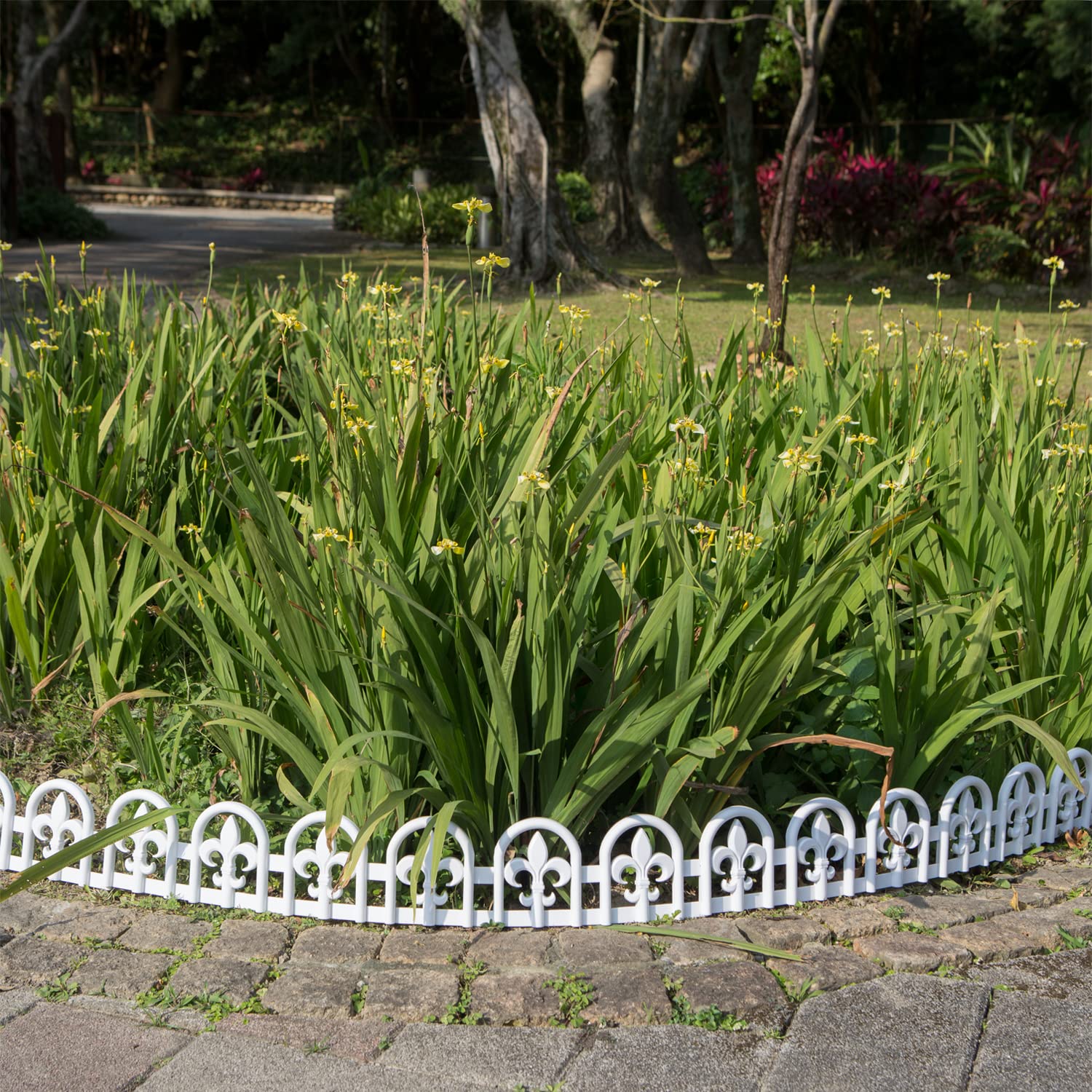 Evelyne White Garden Border Edging: Wrought Iron Design - 27pcs White Yard Landscaping Fence Liner Lawn Edge Barrier - 35ft Kit of Decorative Lawn Landscape Panels Elements